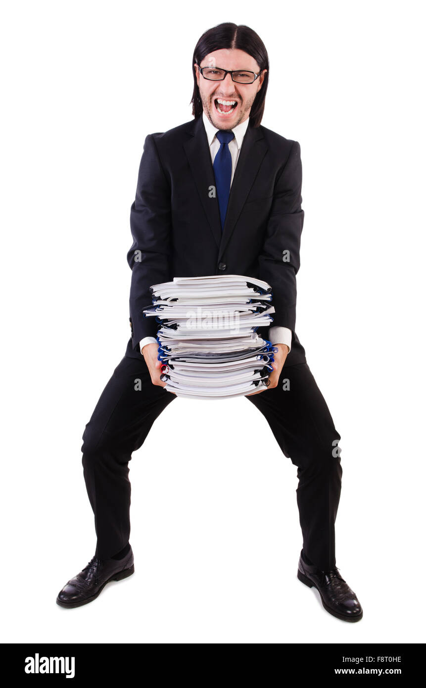 Funny man with lots of papers on white Stock Photo - Alamy