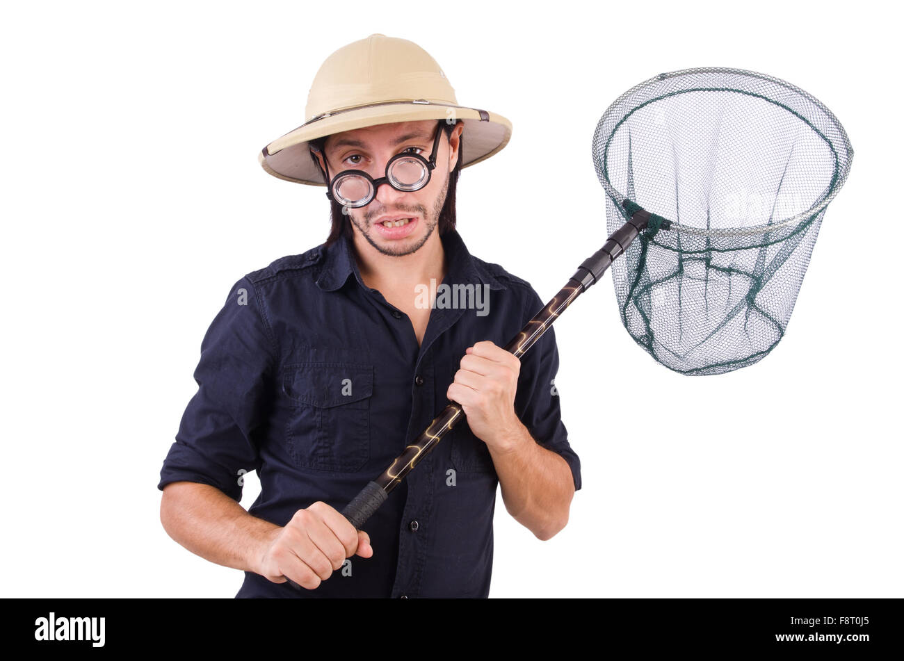 Funny guy with catching net on white Stock Photo - Alamy