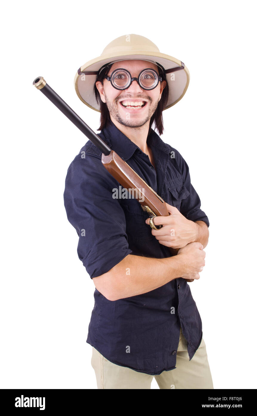 Funny hunter wearing safari hat Stock Photo - Alamy