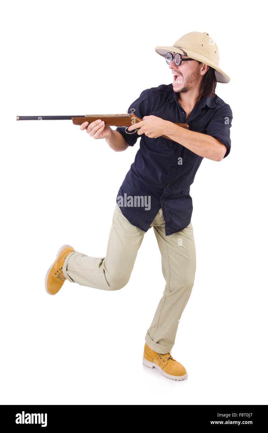 Funny hunter wearing safari hat Stock Photo - Alamy