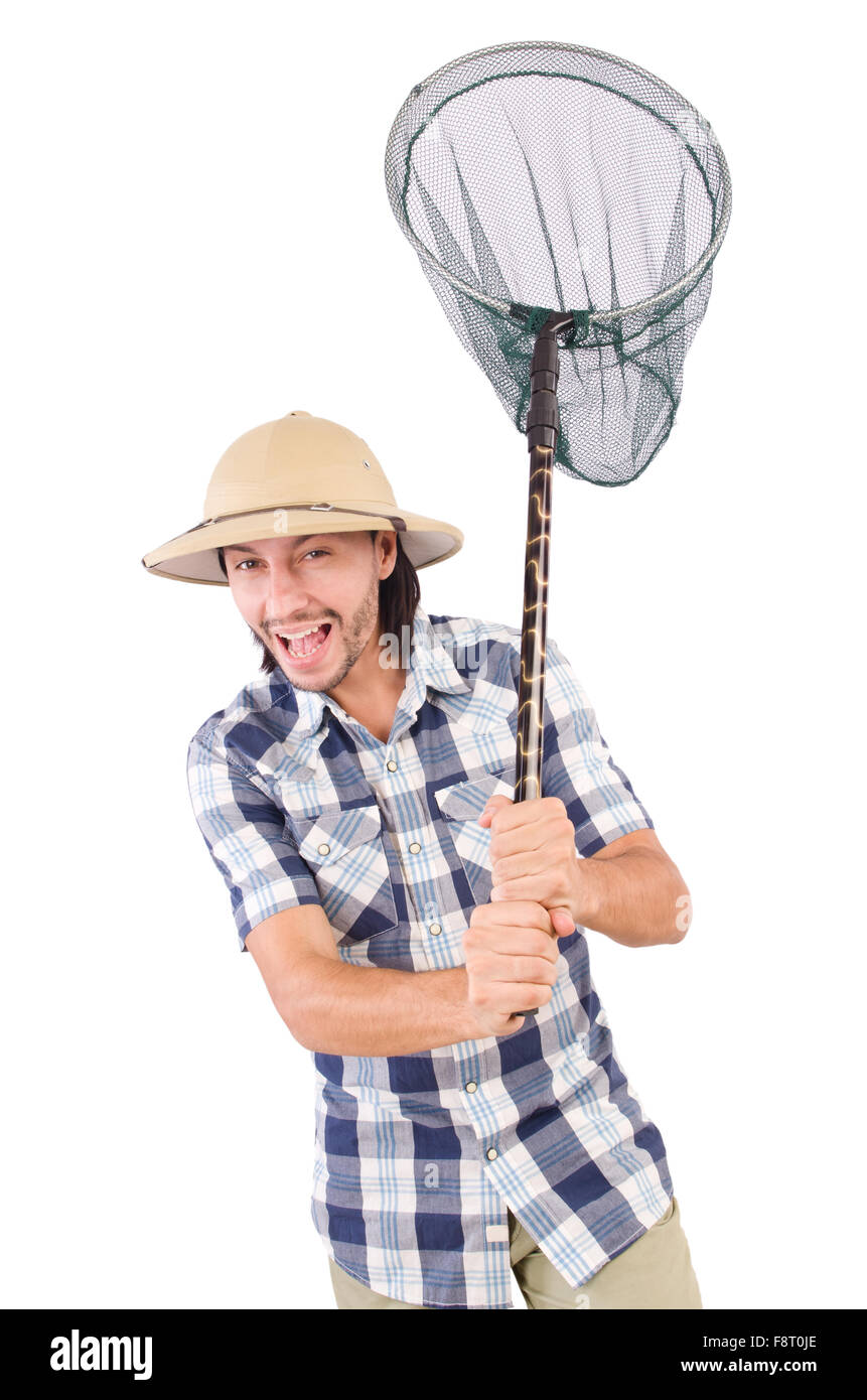 Funny guy with catching net on white Stock Photo - Alamy
