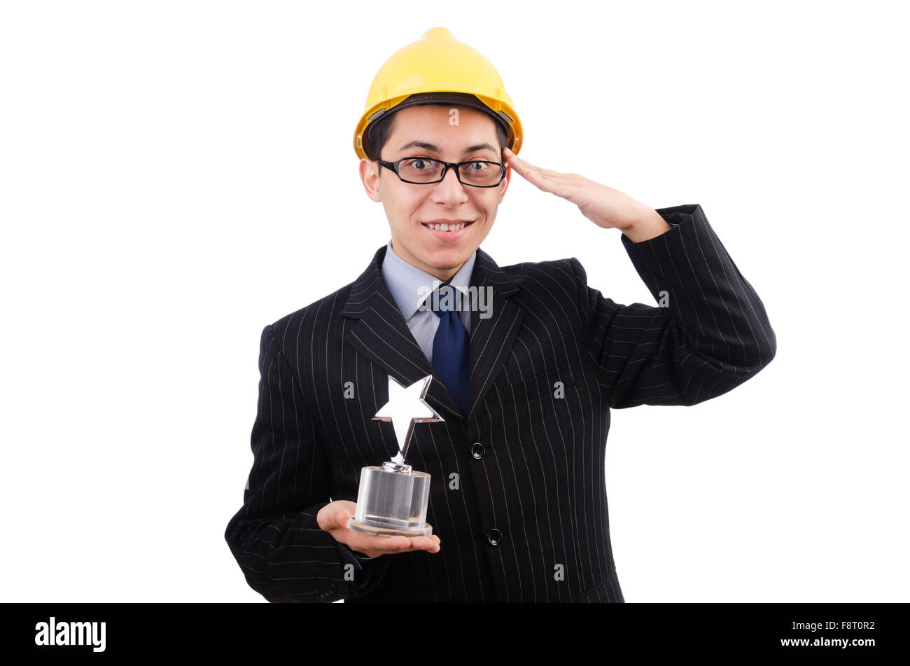 Funny guy with prize and hardhat Stock Photo - Alamy