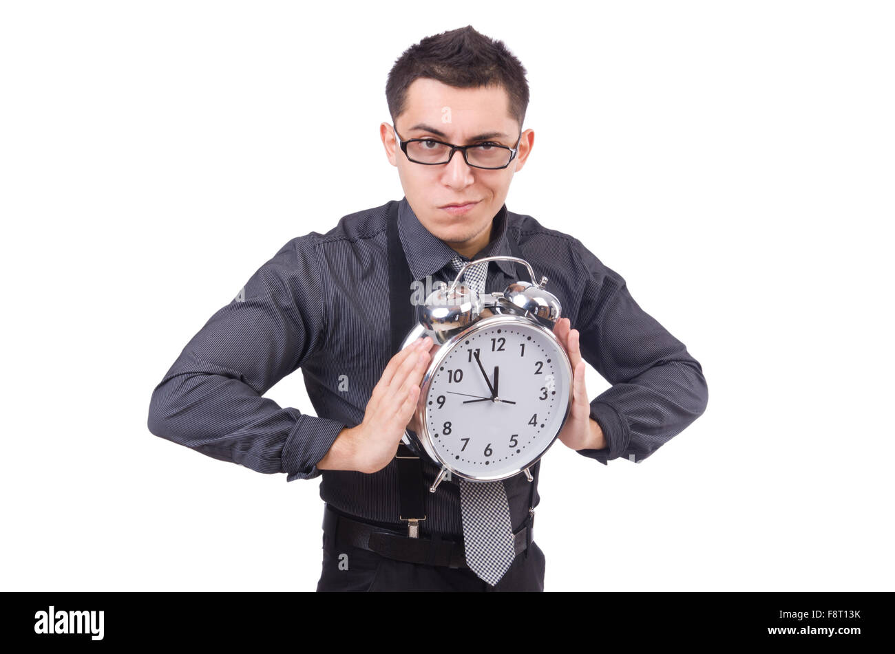 Funny businessman with clock isolated on white Stock Photo - Alamy