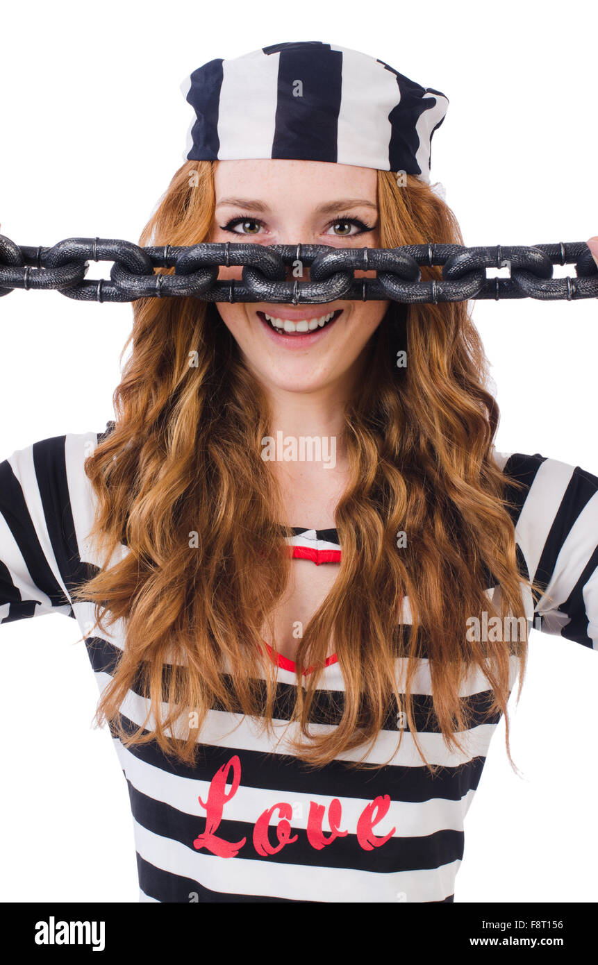 Prisoner in striped uniform on white Stock Photo - Alamy