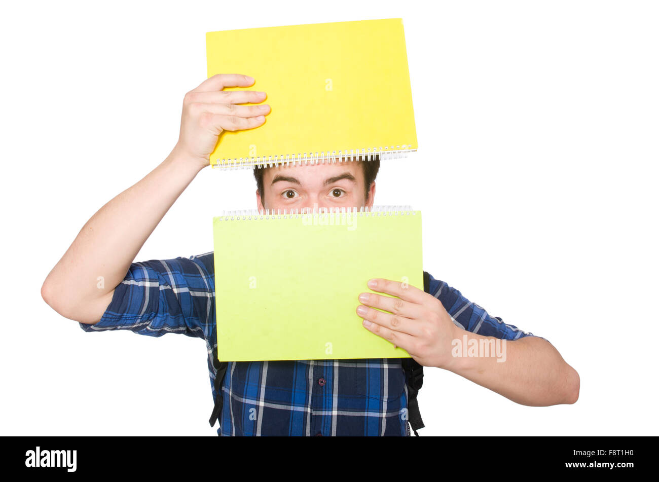Young student with book on white Stock Photo - Alamy