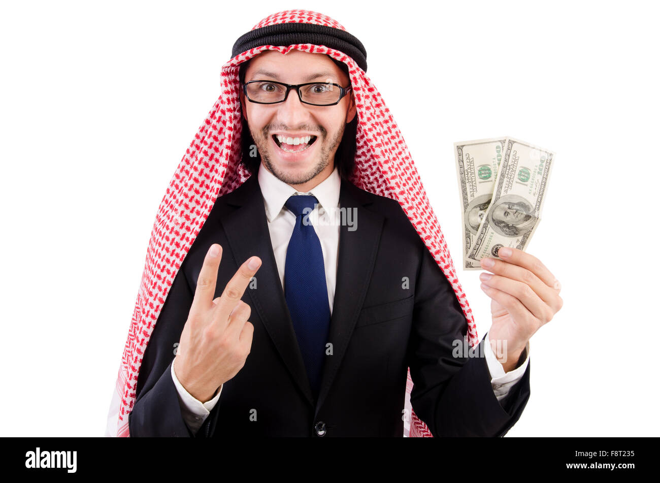 Arab businessman in specs with money isolated on white Stock Photo - Alamy