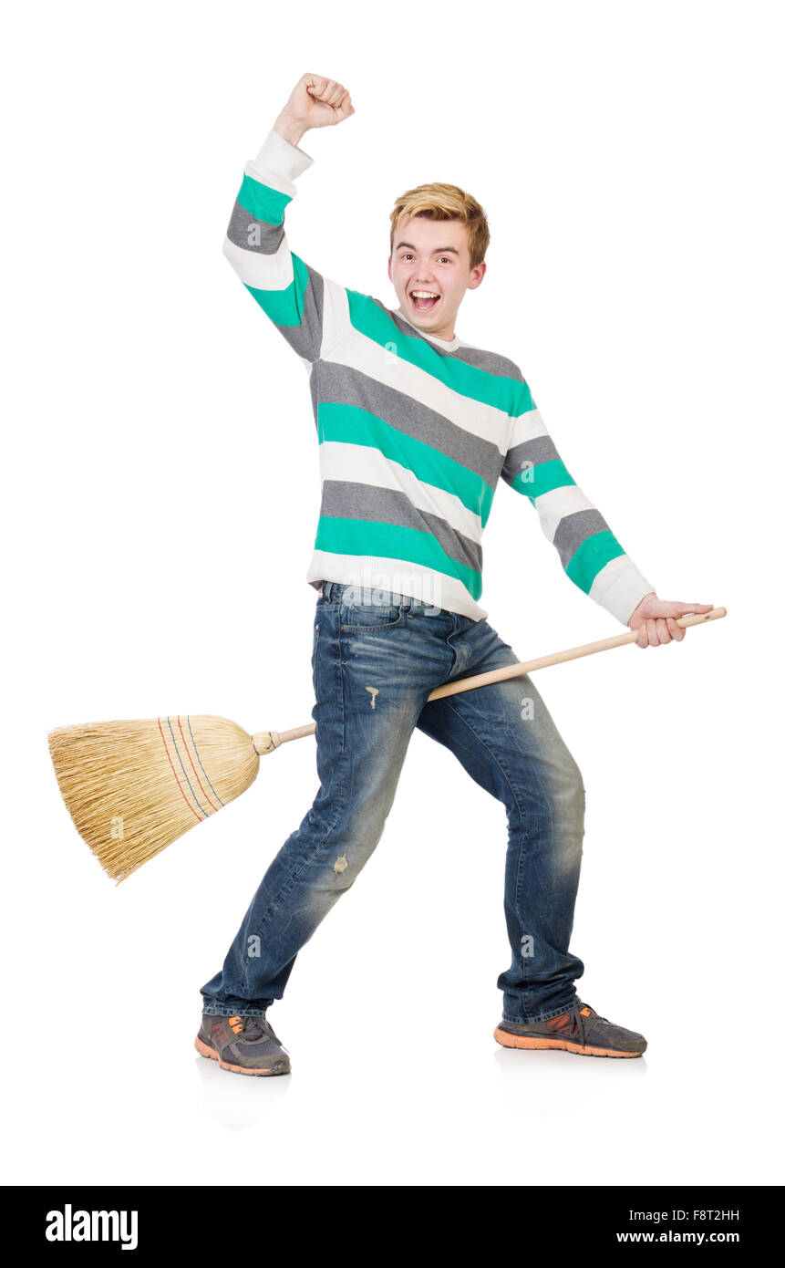 Funny man with mop isolated on white Stock Photo - Alamy