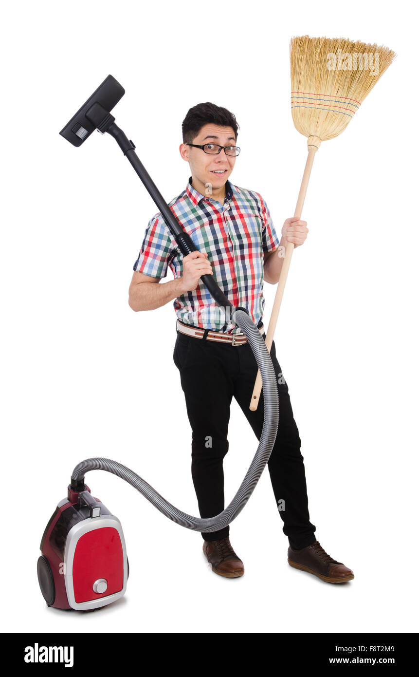 Man with vacuum cleaner and broom on white Stock Photo - Alamy