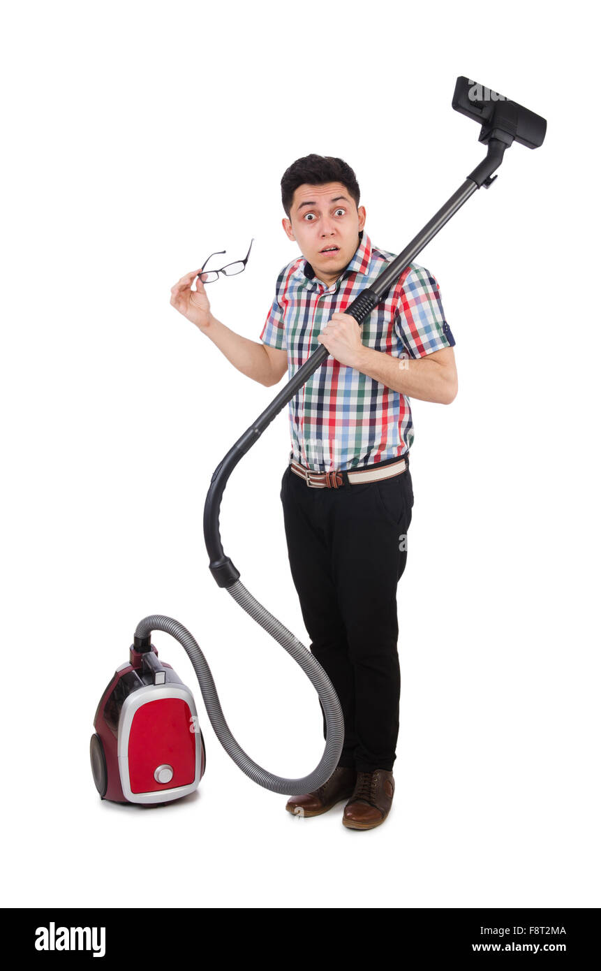 Funny man with vacuum cleaner on white Stock Photo - Alamy