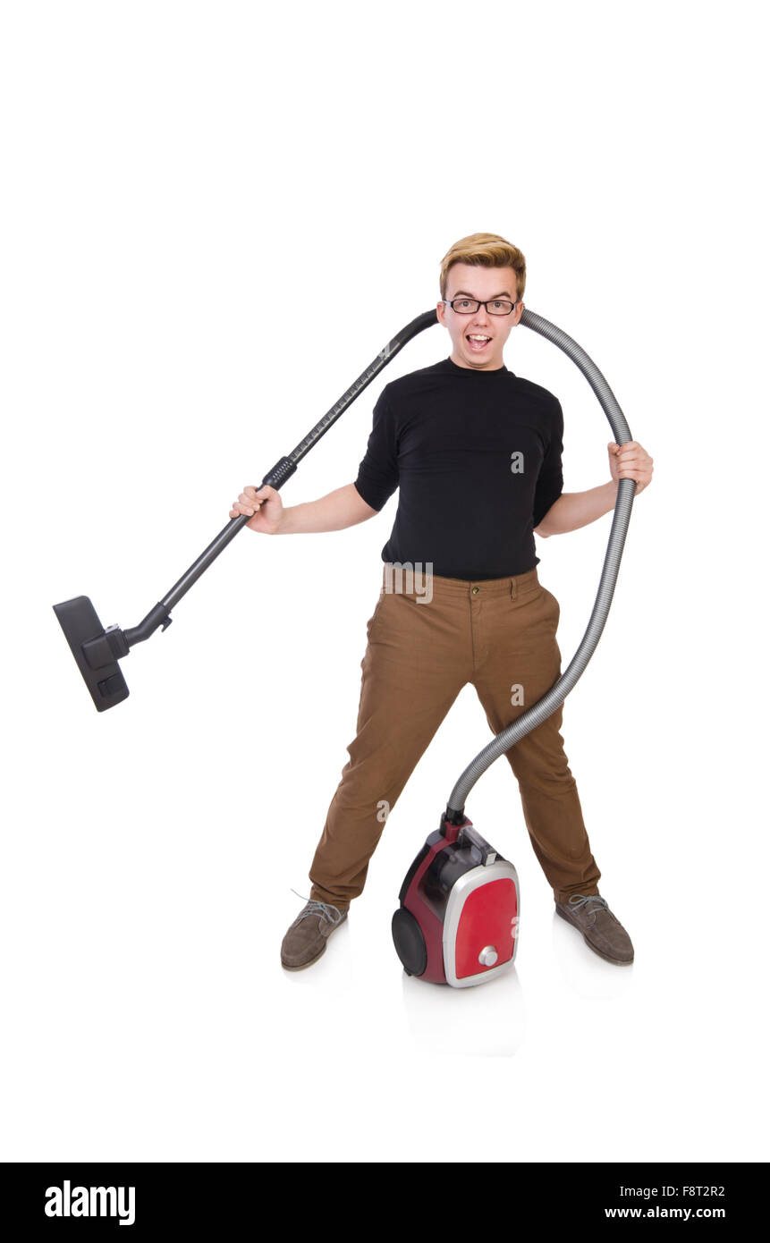 Funny man with vacuum cleaner on white Stock Photo - Alamy