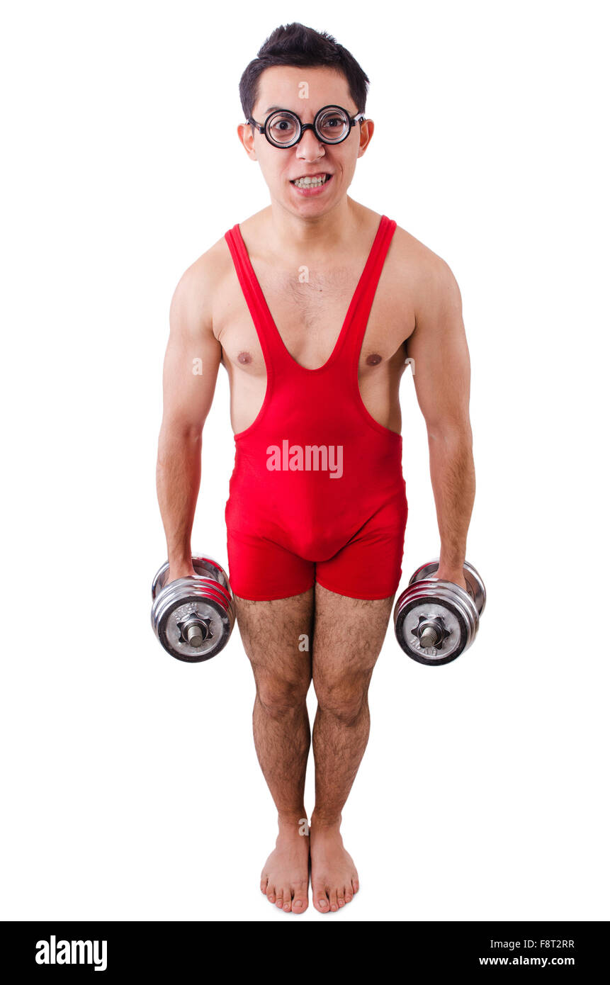 Funny guy with dumbbels on white Stock Photo - Alamy