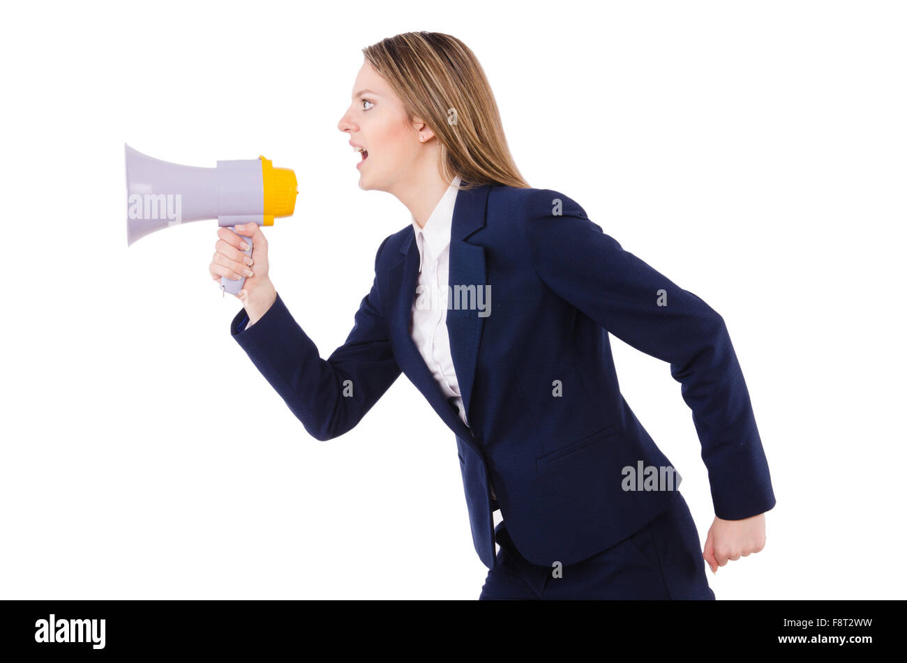 Woman with loudspeaker on white Stock Photo - Alamy