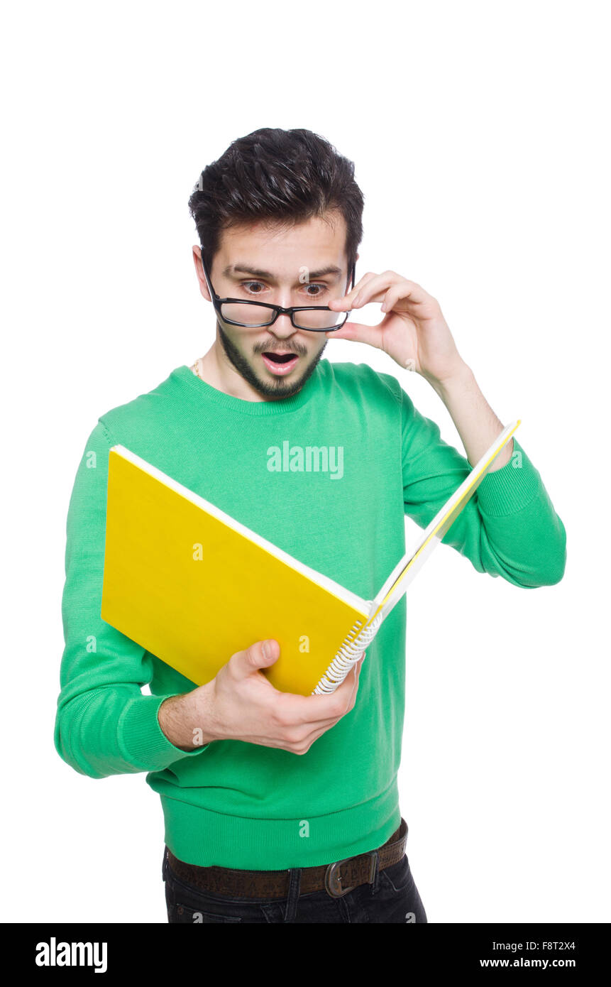 Young student with book on white Stock Photo - Alamy