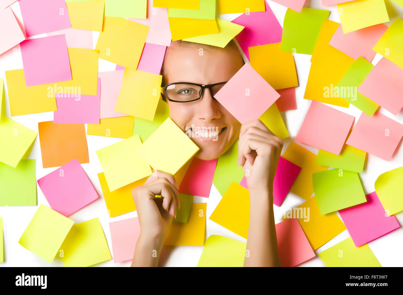 Woman with lots of reminders Stock Photo - Alamy
