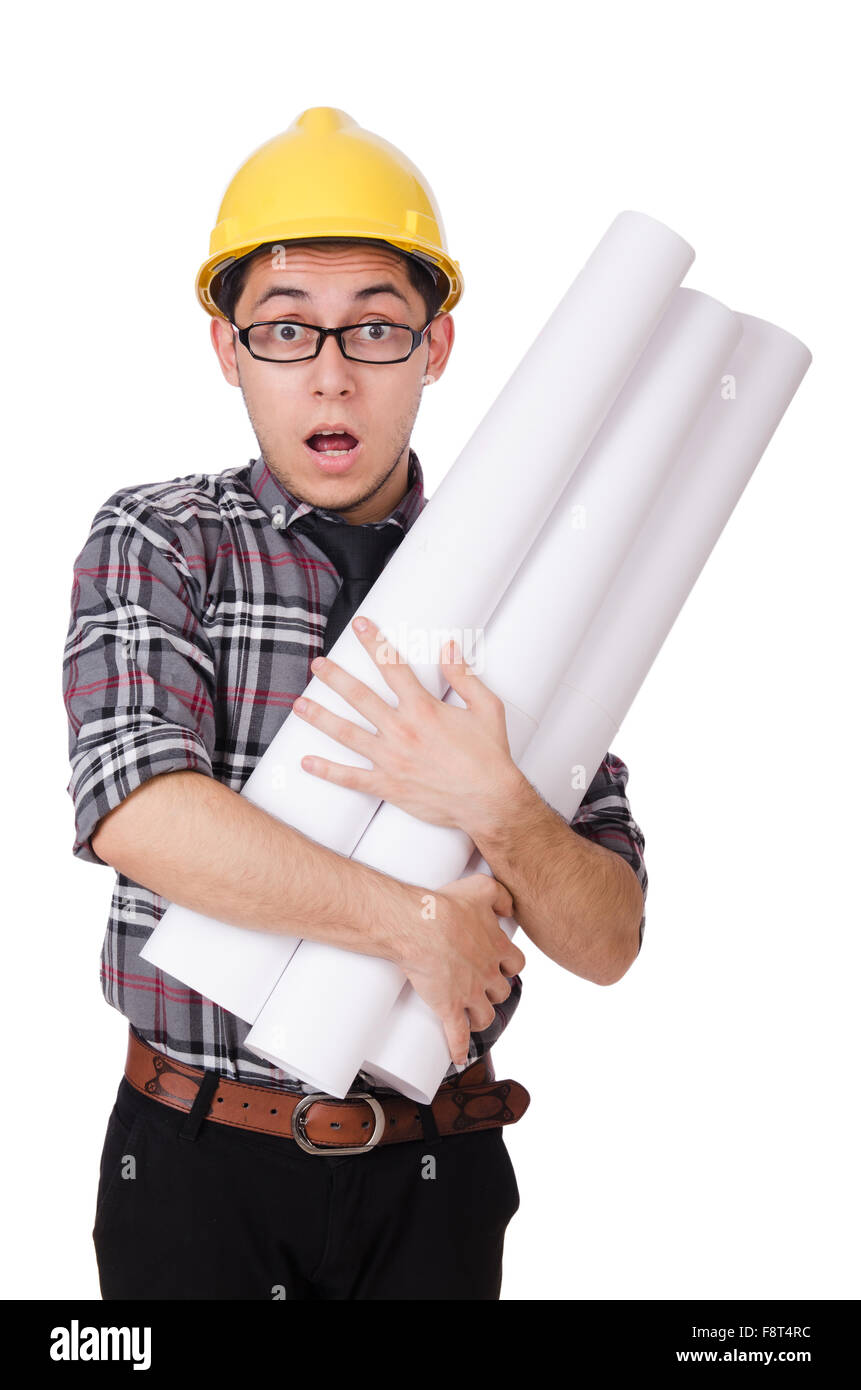 Funny man with blueprints on white Stock Photo - Alamy