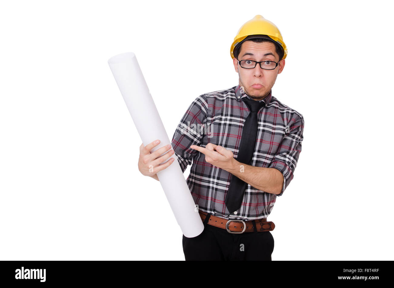Funny man with blueprints on white Stock Photo - Alamy