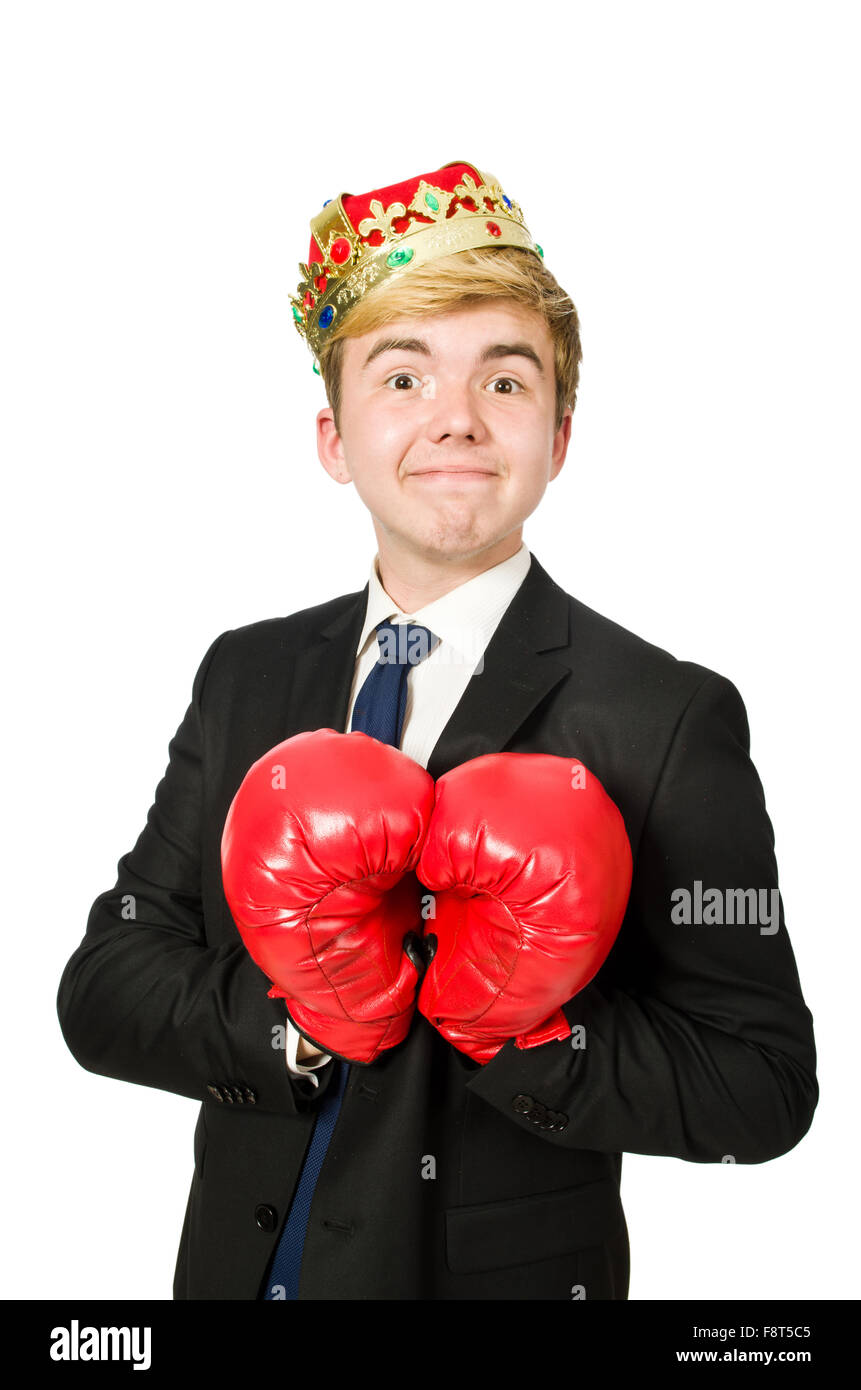 Funny businessman with crown and boxing gloves Stock Photo - Alamy
