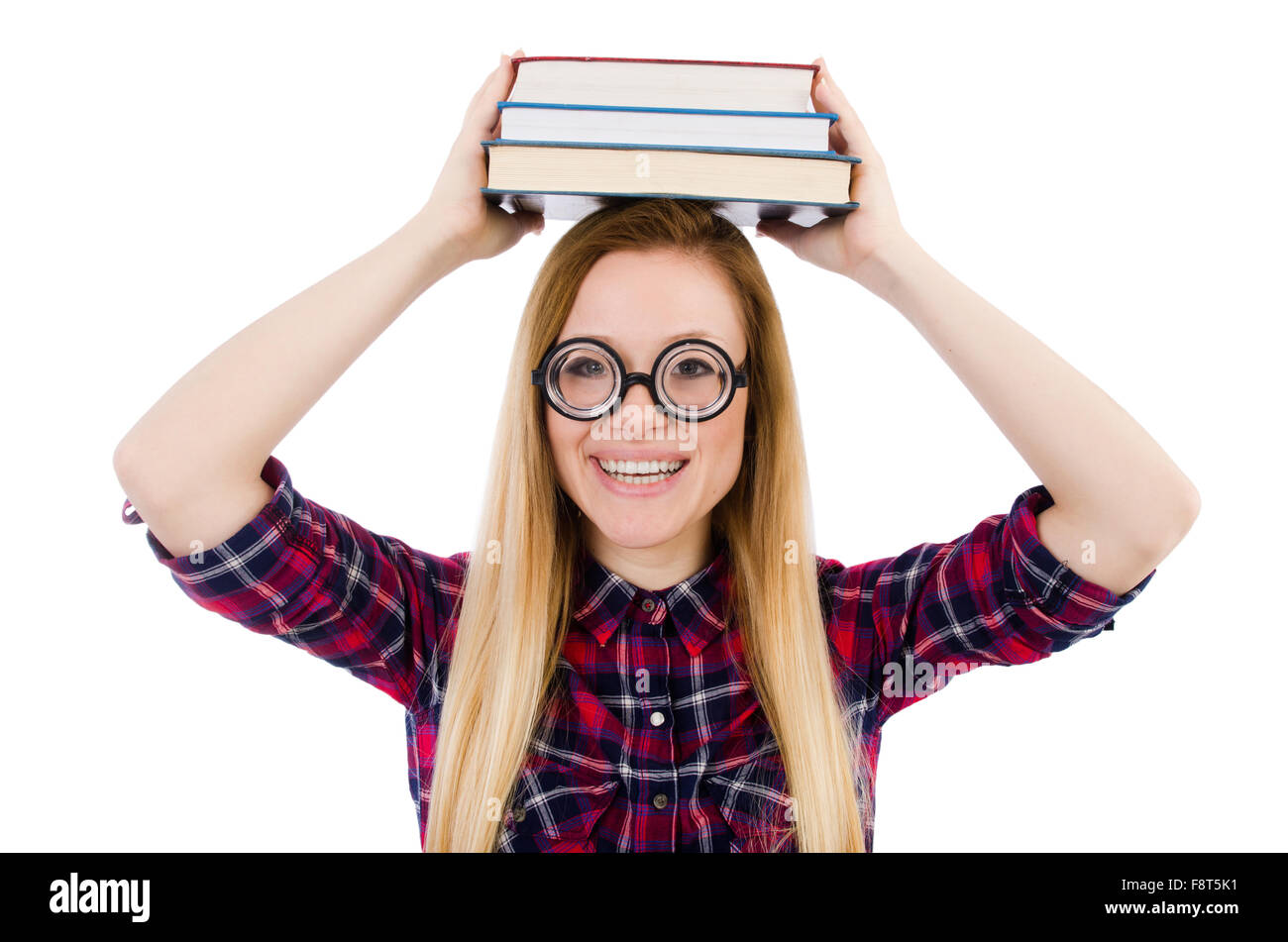 Funny student with stack of books Stock Photo - Alamy