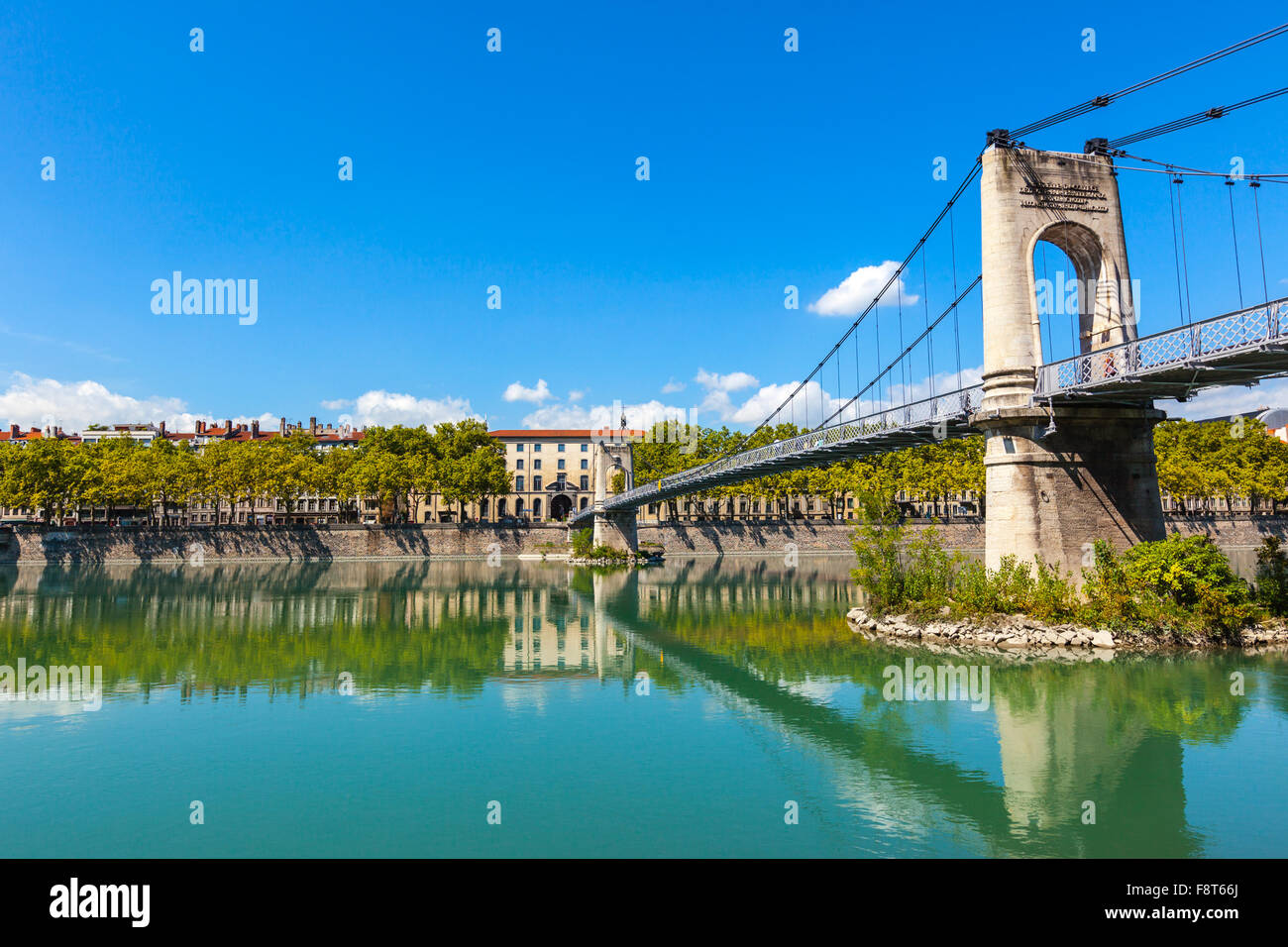 Old Passerelle du College bridge over Rhone river in Lyon, France ...