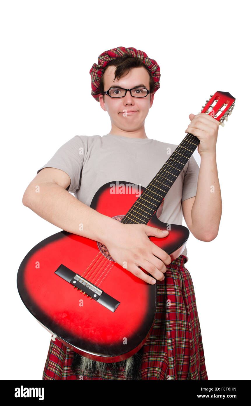 Scotsman playing guitar isolated on white Stock Photo - Alamy