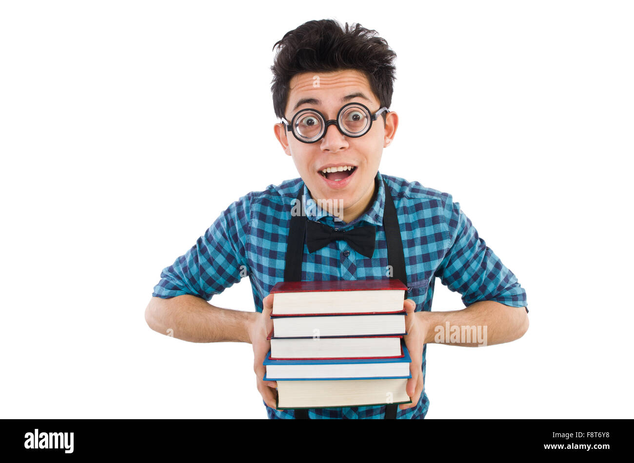 Funny student with stack of books Stock Photo - Alamy