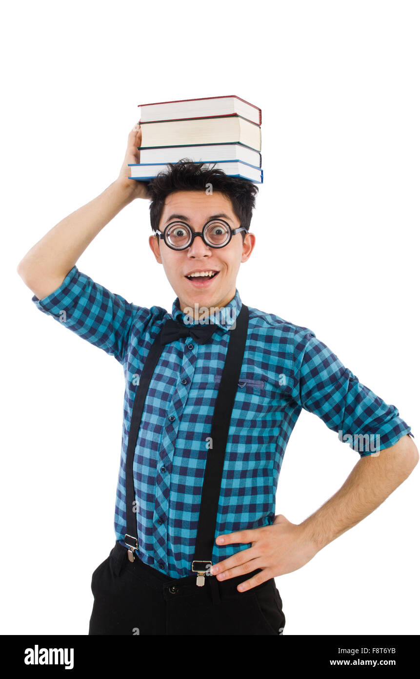 Funny student with stack of books Stock Photo - Alamy