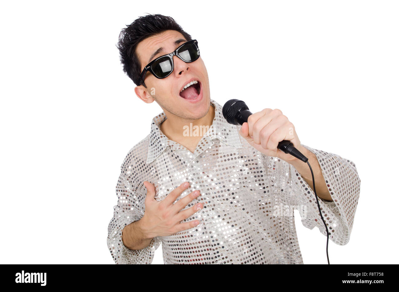 Man with mic isolated on white Stock Photo - Alamy