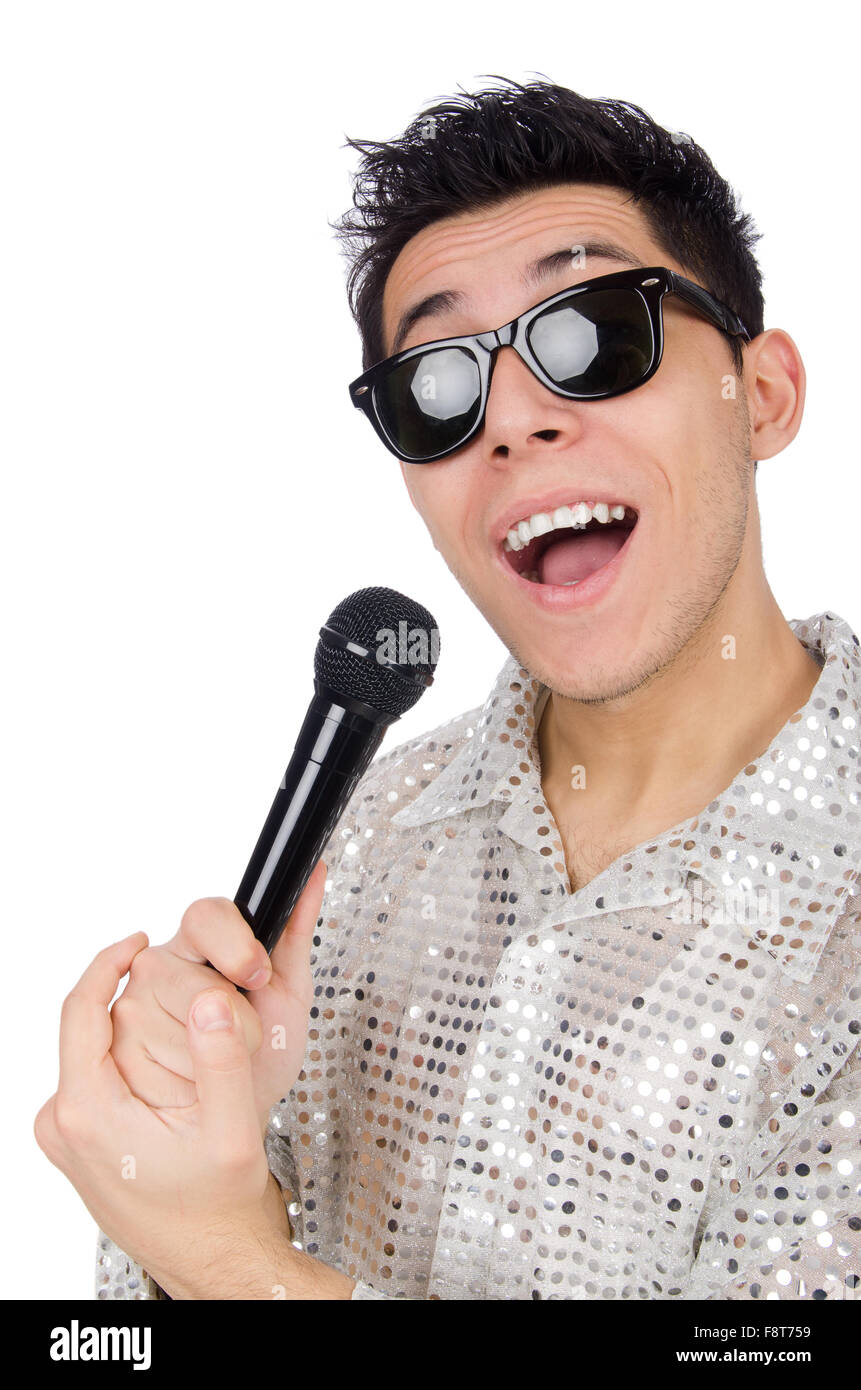 Man with mic isolated on white Stock Photo - Alamy