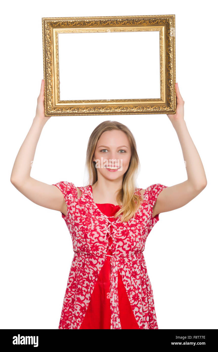 Woman holding picture frame isolated on white Stock Photo - Alamy