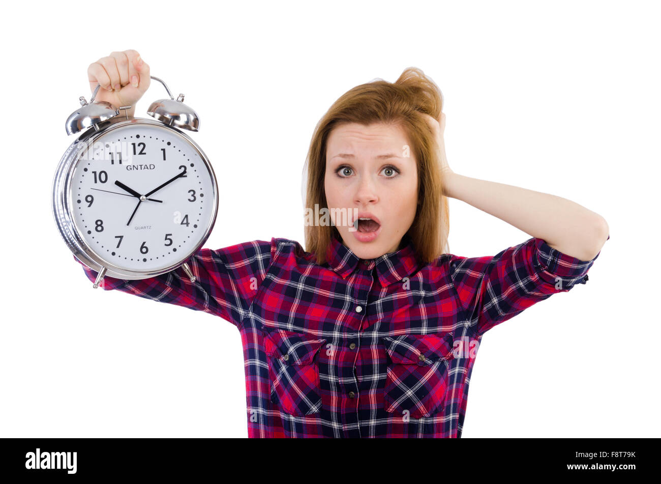 Woman with clock isolated on white Stock Photo - Alamy
