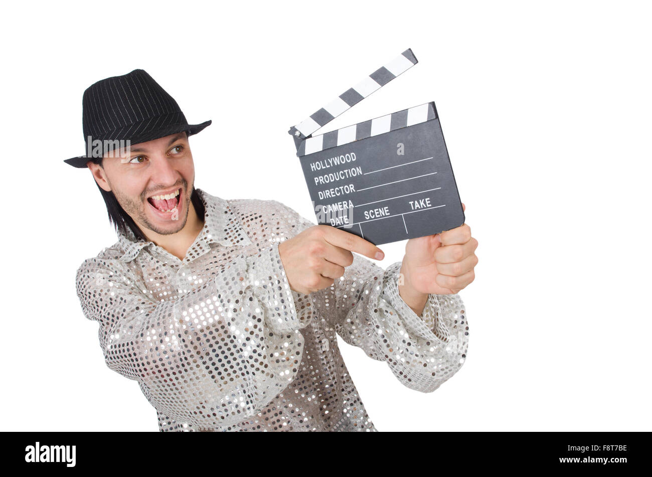 Man with movie clapperboard and hat Stock Photo - Alamy