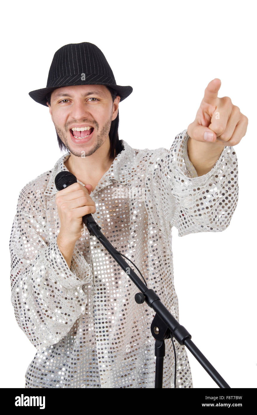 Man with mic isolated on white Stock Photo - Alamy