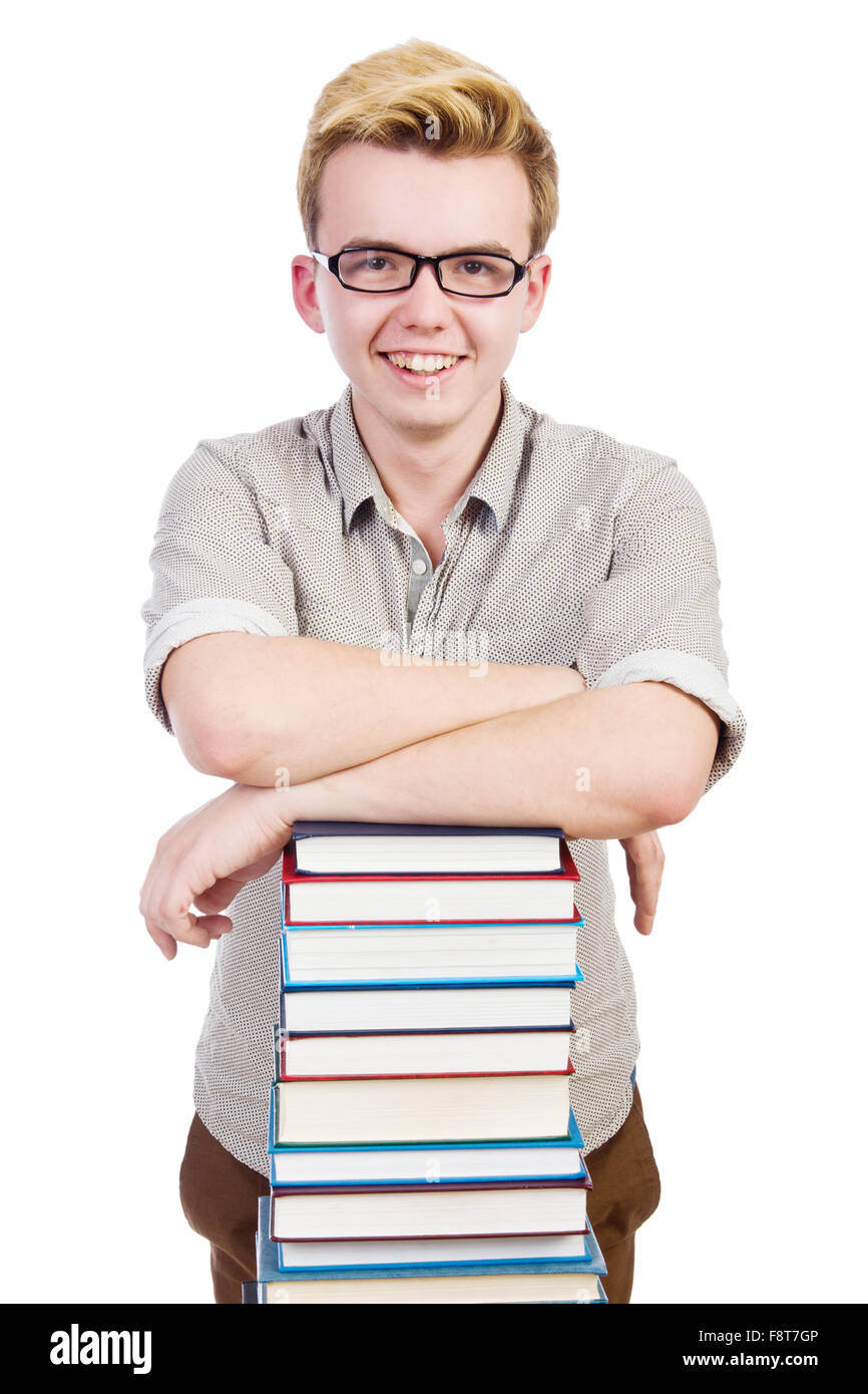 Funny student with stack of books Stock Photo - Alamy
