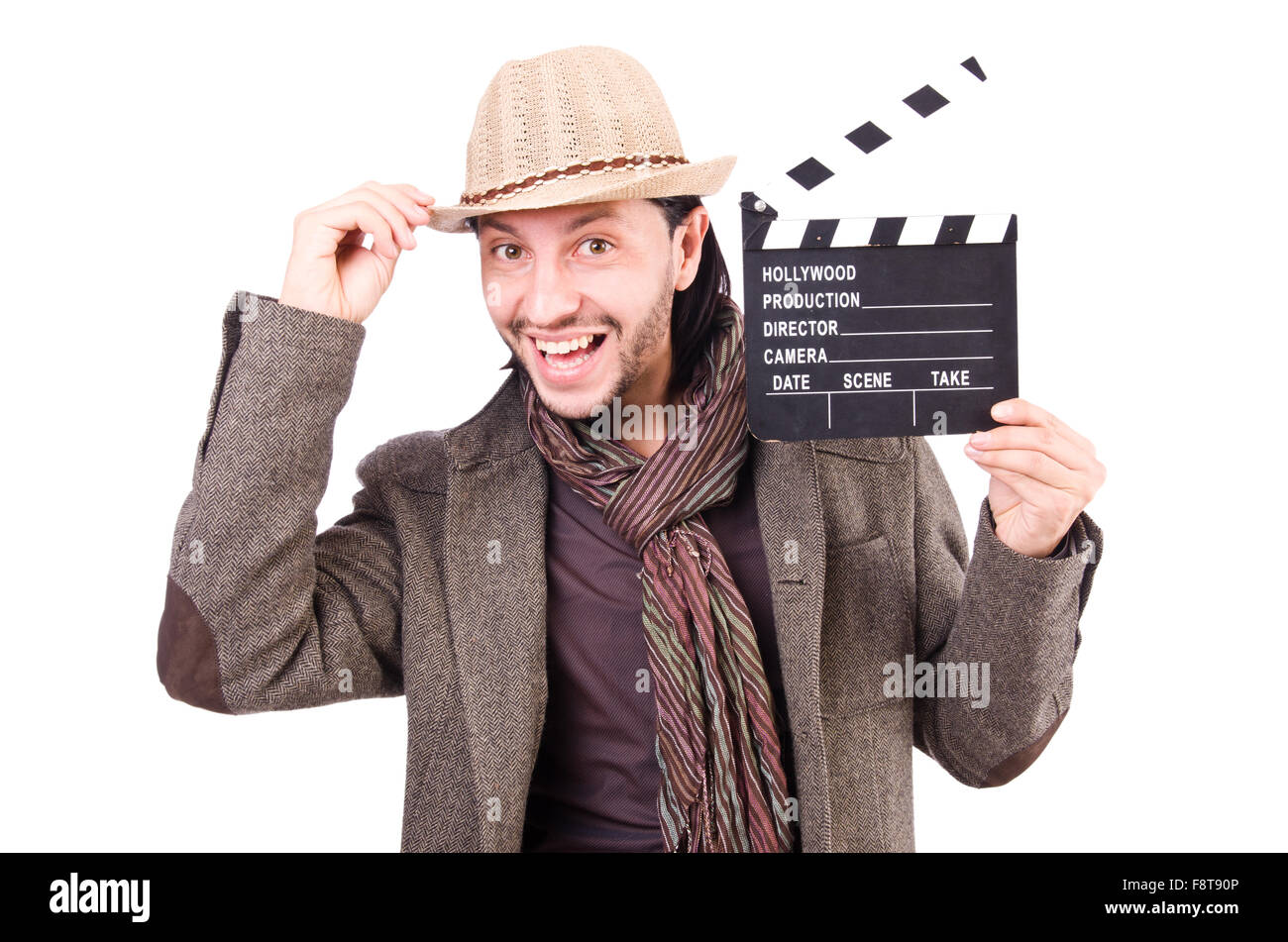 Man with movie clapperboard and hat Stock Photo - Alamy