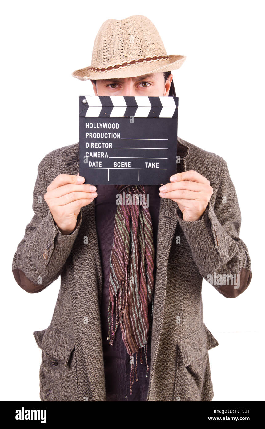 Man with movie clapperboard and hat Stock Photo - Alamy