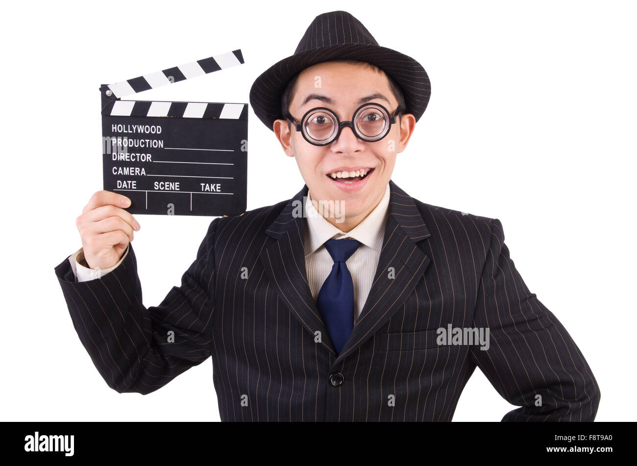 Funny man in elegant suit with movie clapboard isolated on white Stock ...