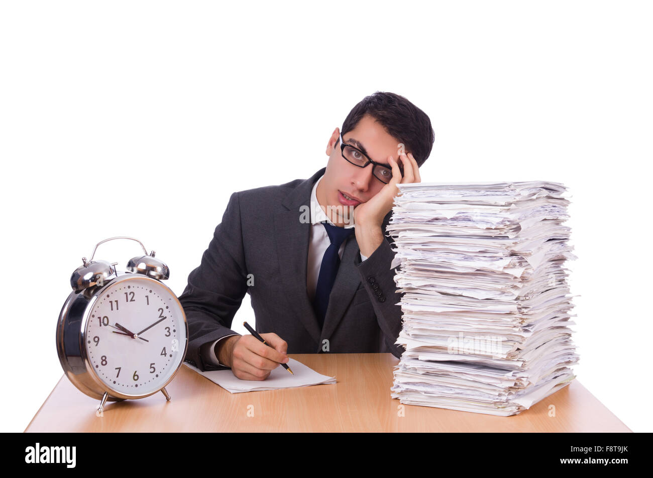 Busy man with stack of papers isolated on white Stock Photo - Alamy
