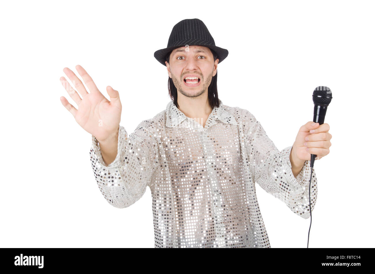 Man with mic isolated on white Stock Photo - Alamy