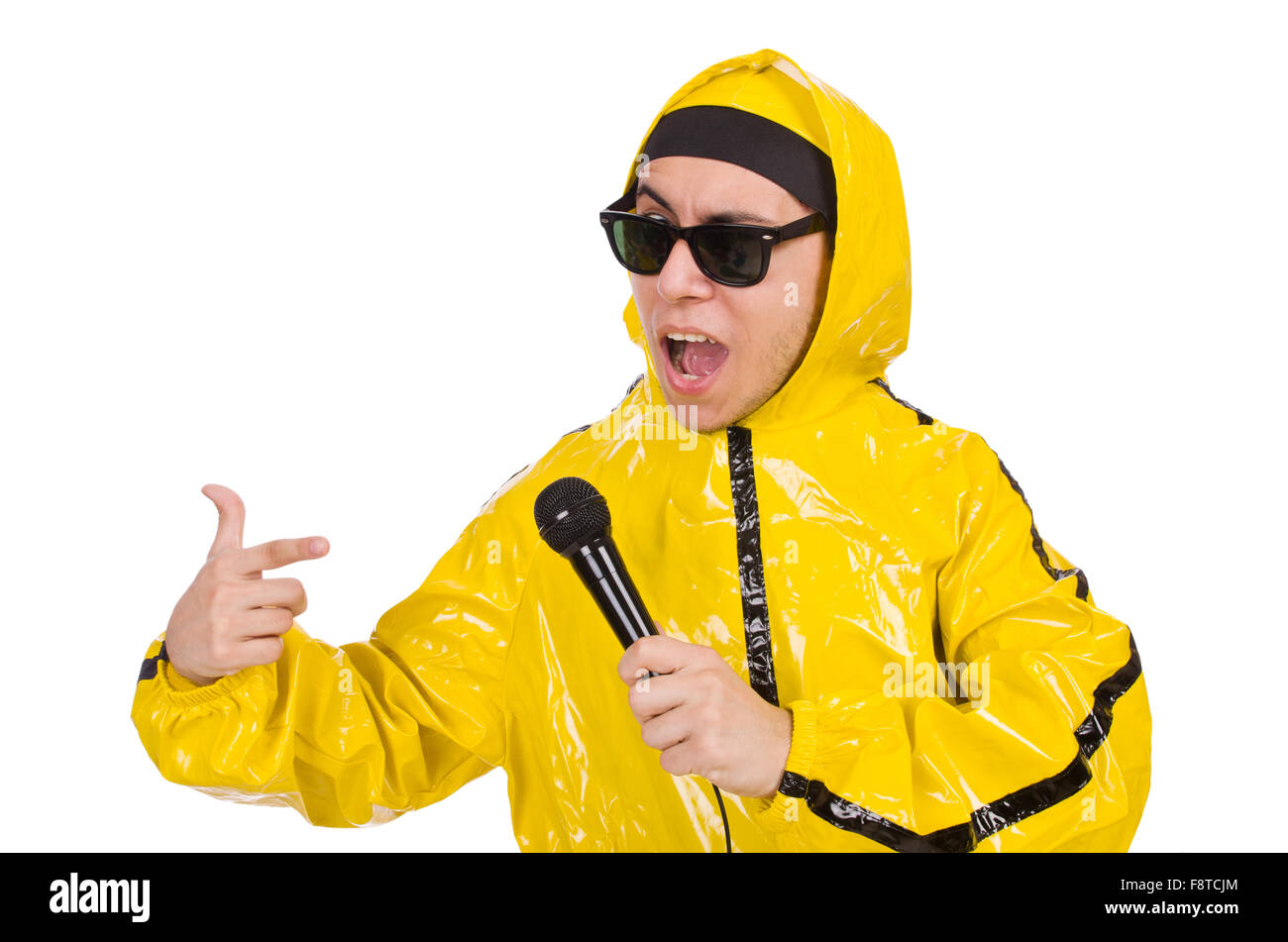 Funny performer with mic isolated on the white Stock Photo - Alamy