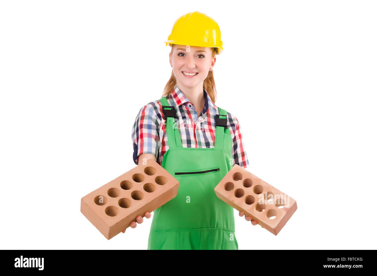 Woman with bricks isolated on white Stock Photo - Alamy