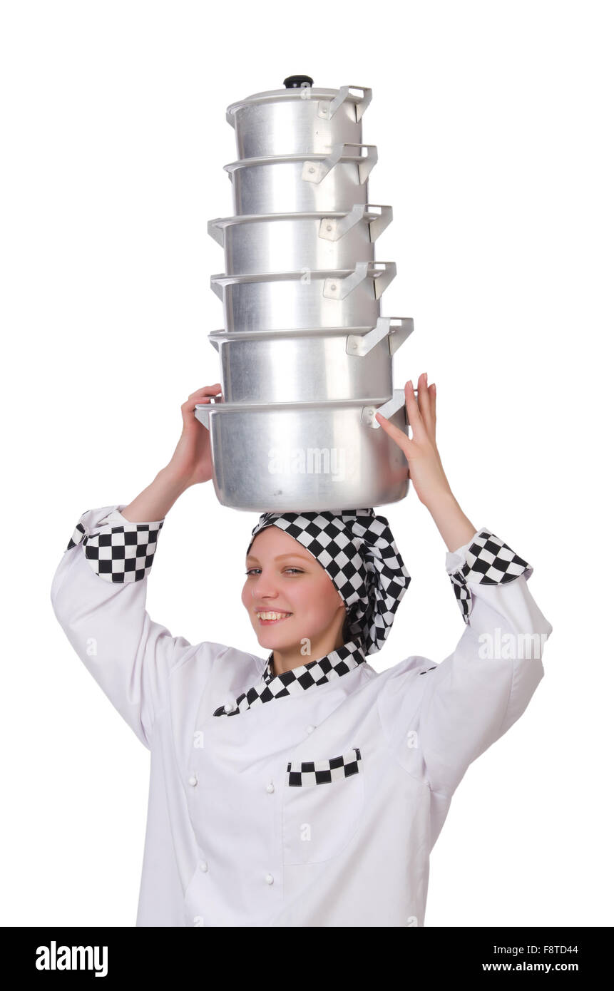 Cook with stack of pots on white Stock Photo - Alamy