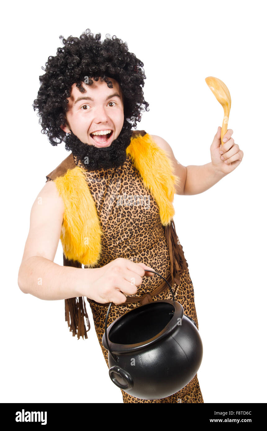 Funny caveman with pot isolated on white Stock Photo - Alamy