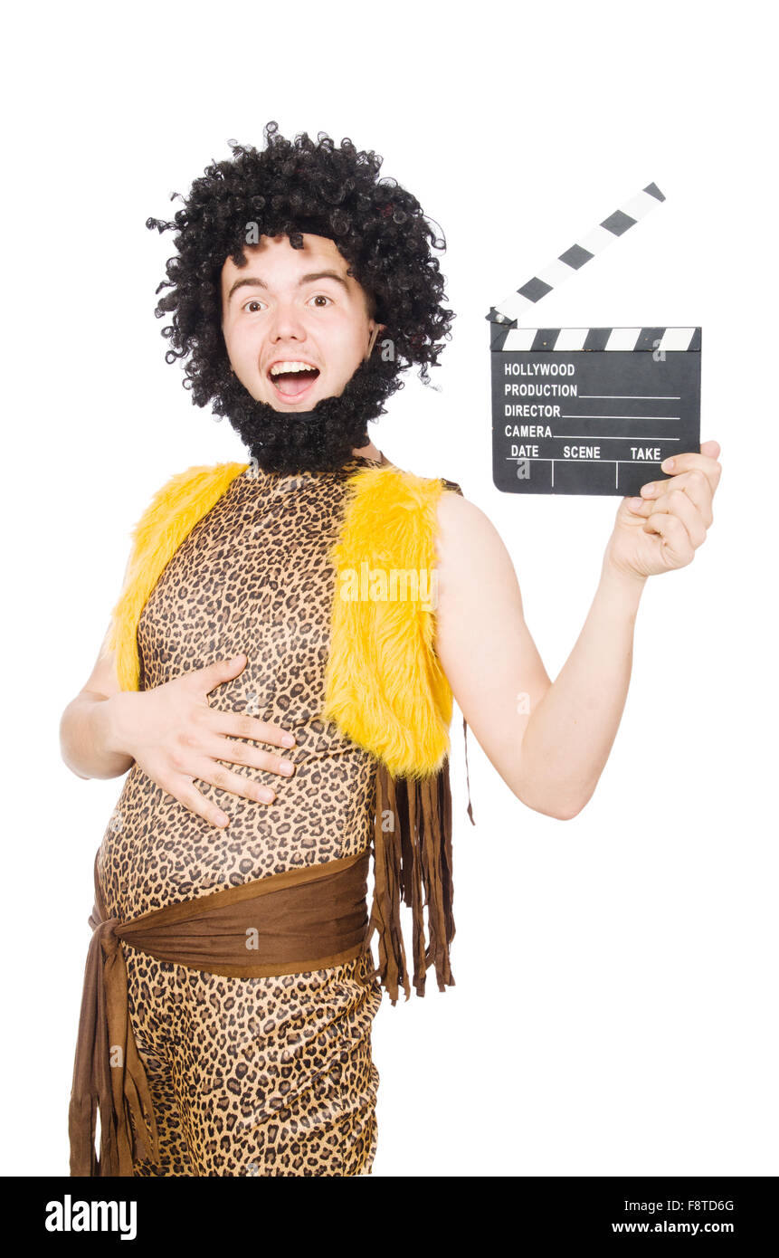 Cave man with movie board isolated on white Stock Photo - Alamy