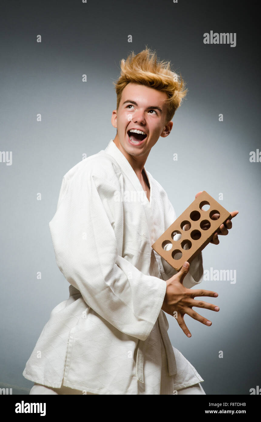 Funny karate fighter with clay brick Stock Photo - Alamy