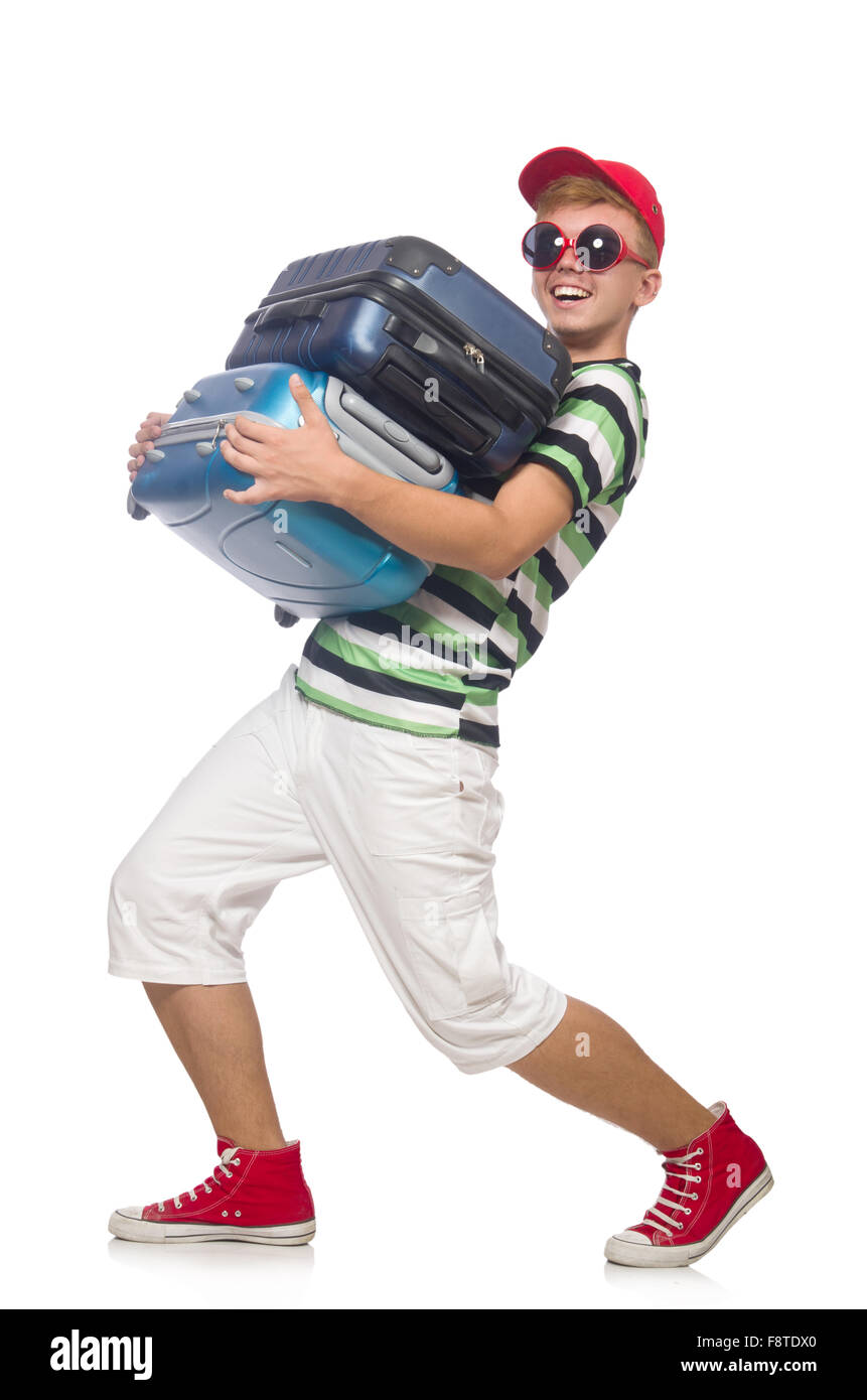 Funny man with suitcase isolated on white Stock Photo - Alamy
