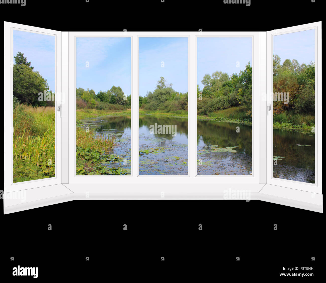 window overlooking the landscape with summer pond Stock Photo - Alamy