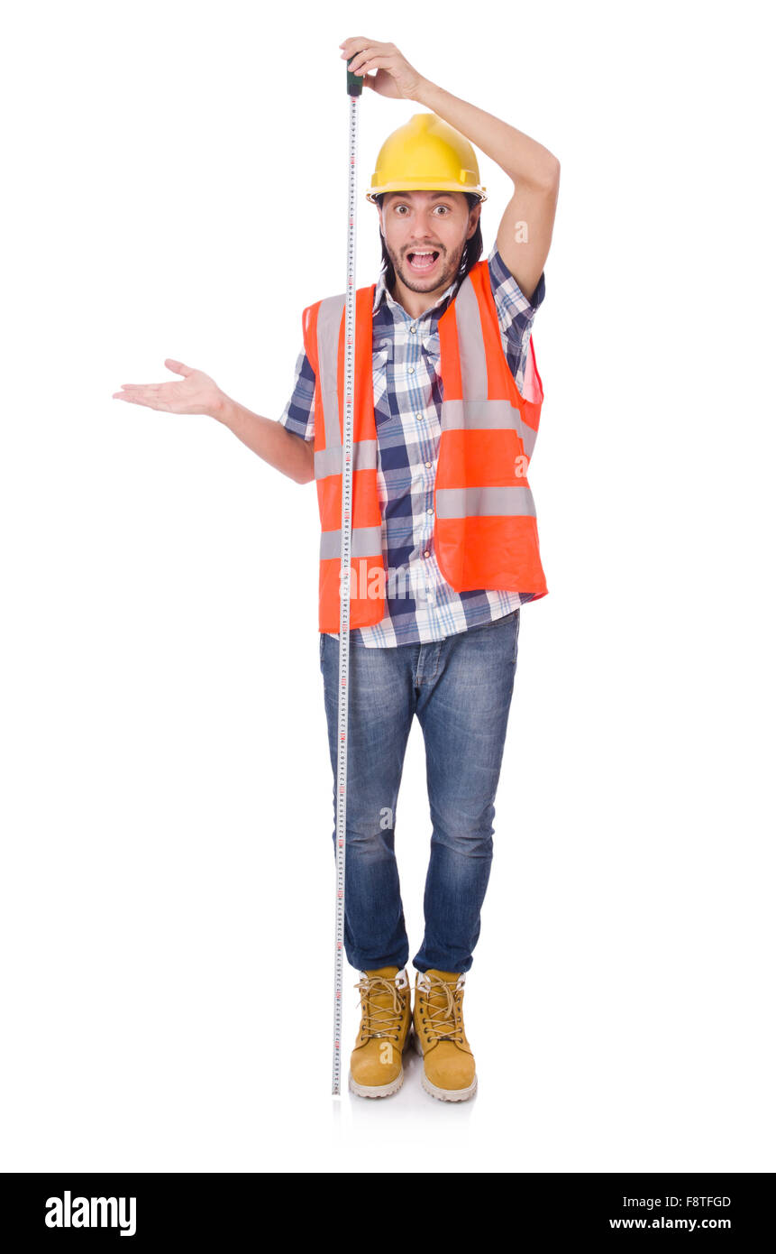Funny construction worker with tape-line isolated on white Stock Photo ...