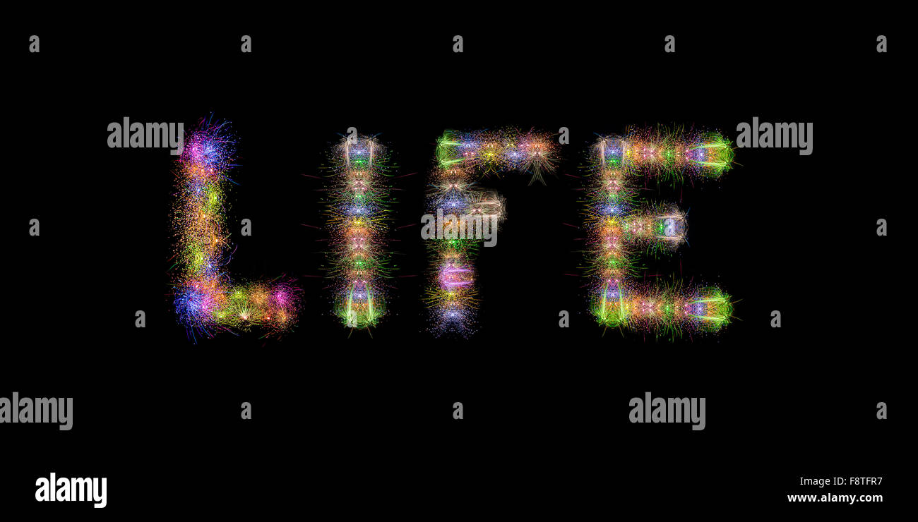 Life text written with Colorful Sparkling Fireworks over black sky ...