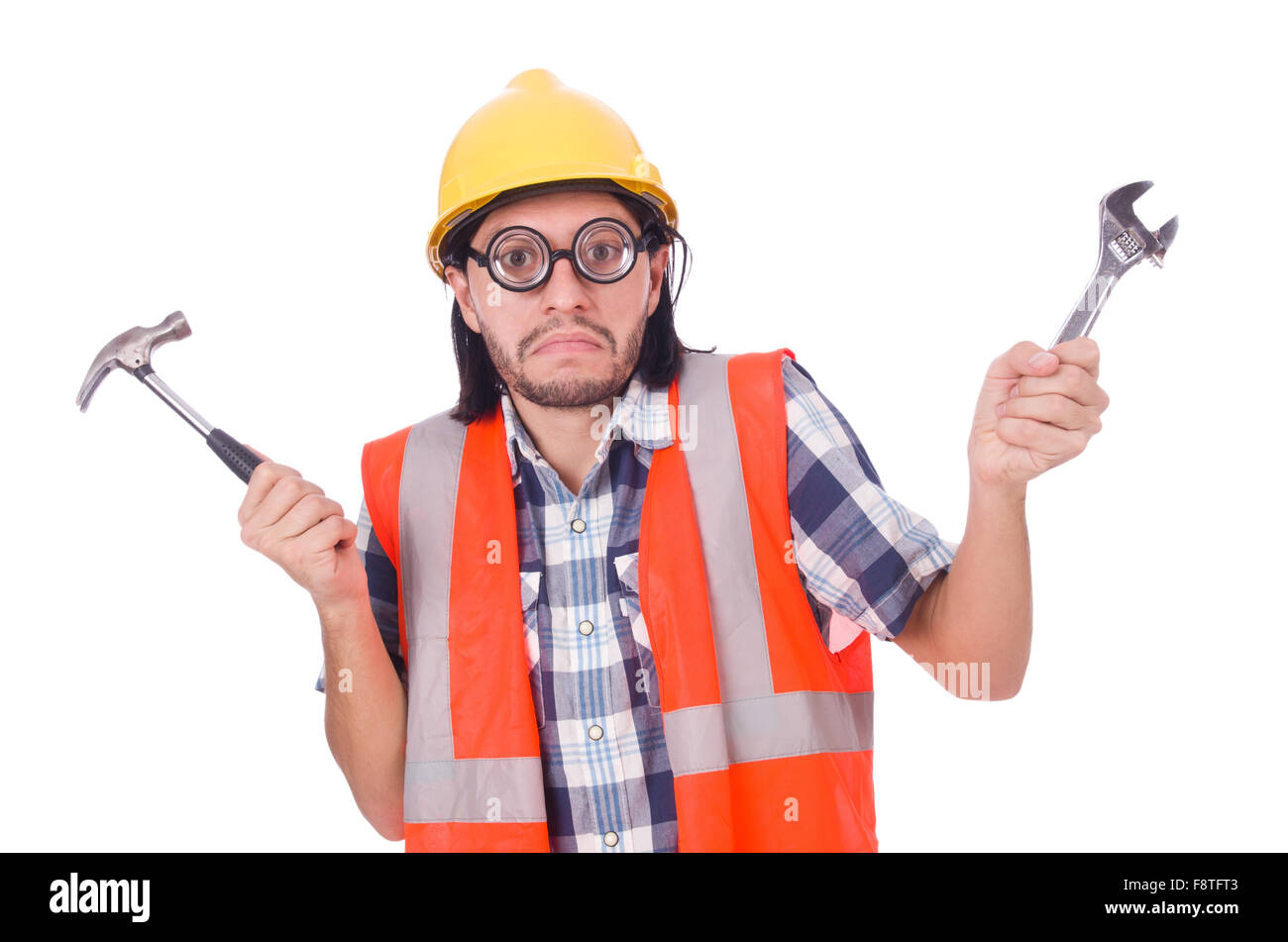 Funny young construction worker with hammer and wrench isolated on ...