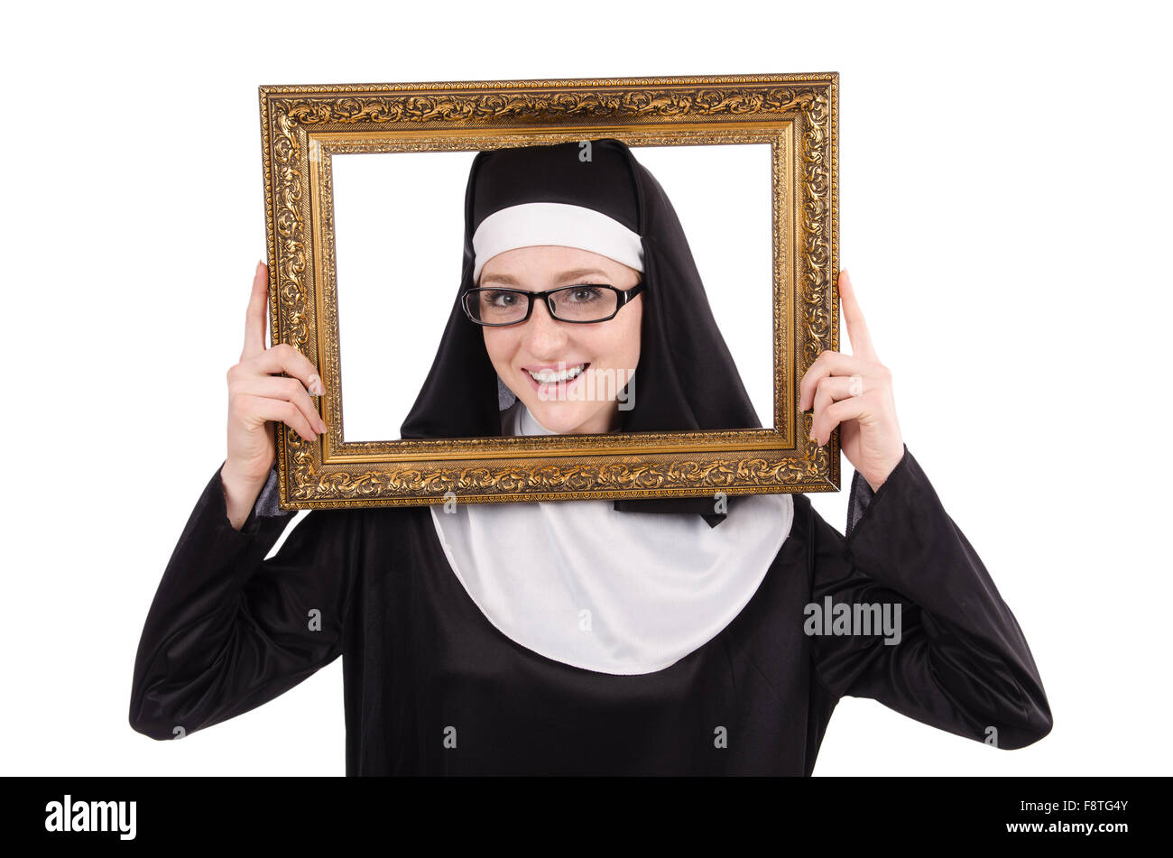 Young nun with frame isolated on white Stock Photo - Alamy